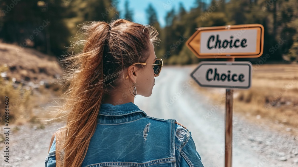 Confident woman at crossroad with two way sign, symbolizing choice and ...
