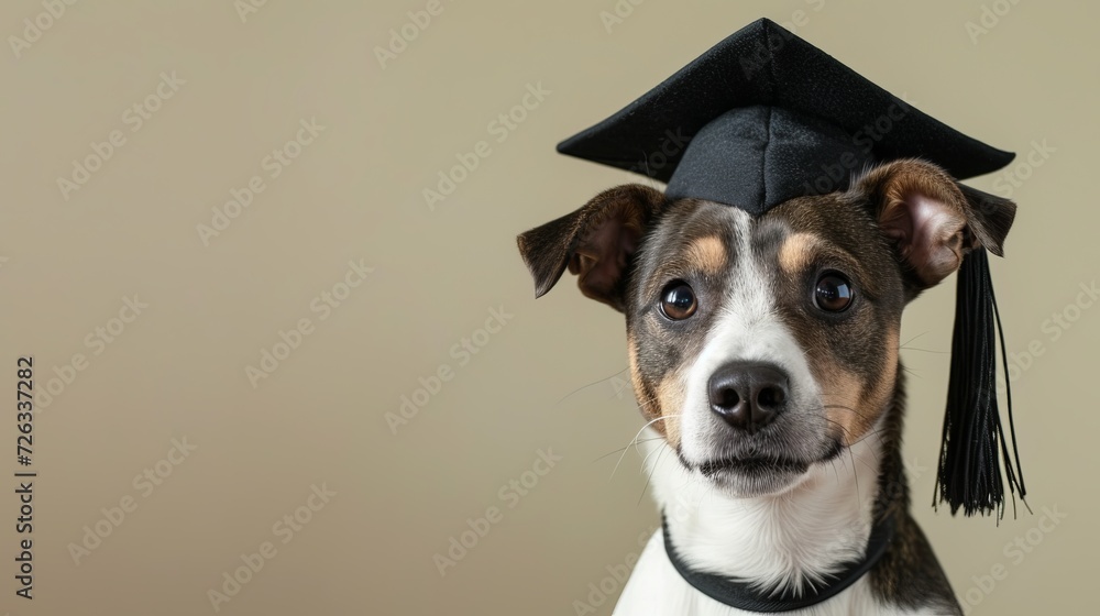Funny dog wearing graduation cap and gown on pastel background with ...