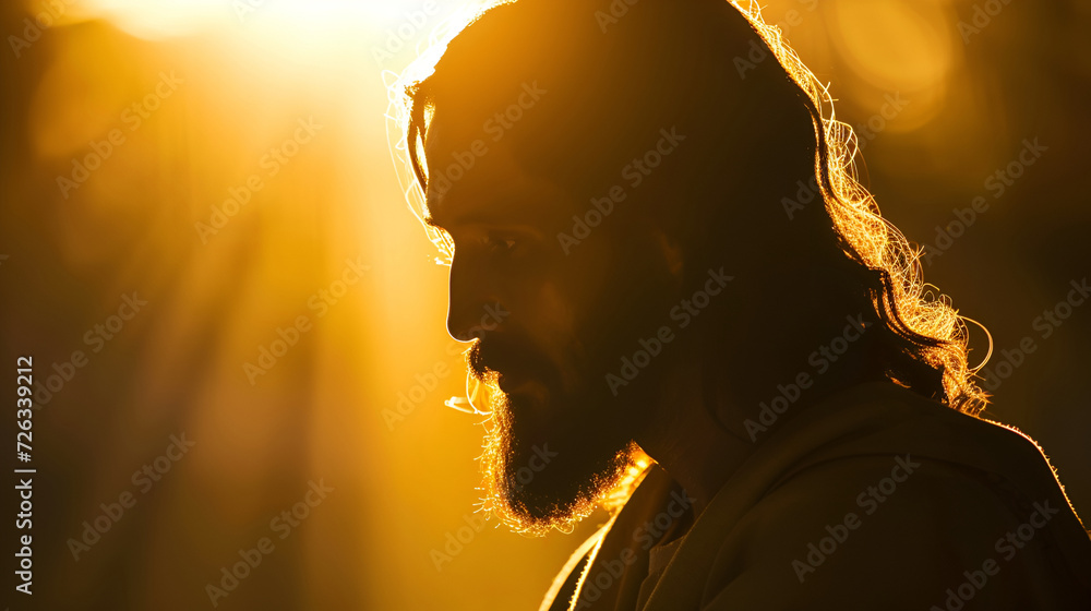 Dramatic silhouette portrait of Jesus Christ in the rays of the sun ...