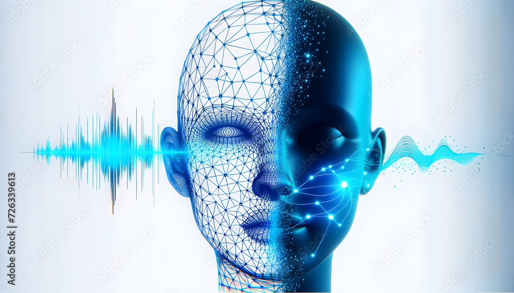 Deepfake illustration background. AI machine learning generated fake pictures. Human image and ...