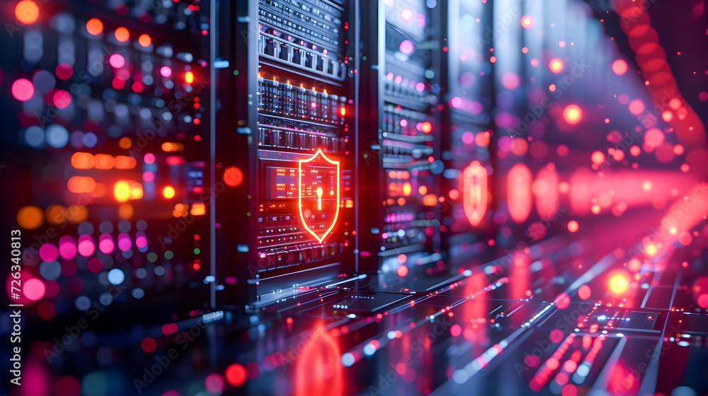Red shield security symbol projected across server racks in a modern ...