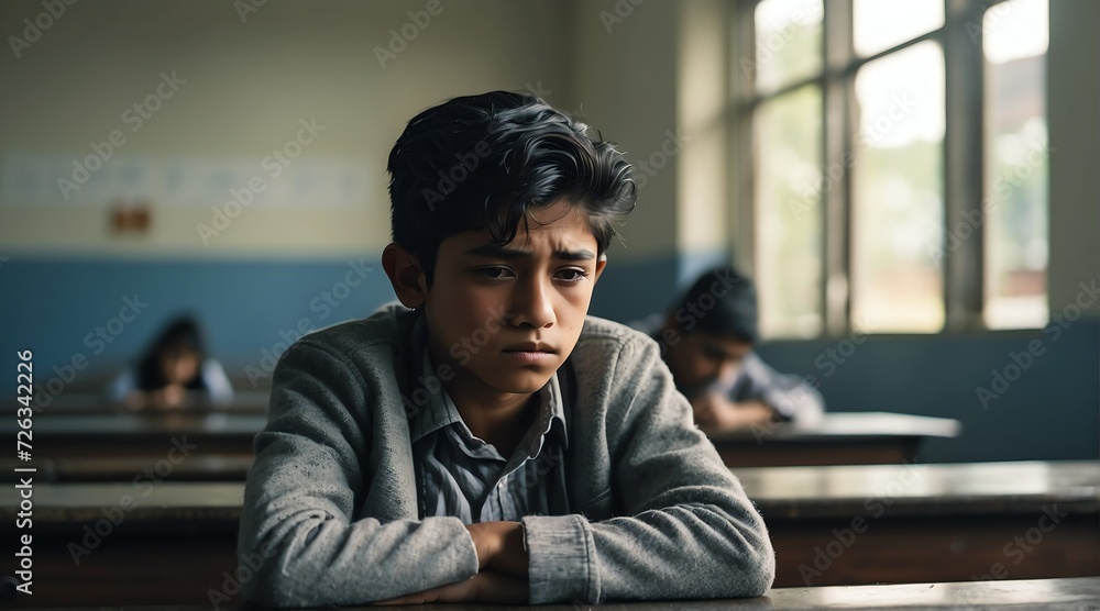 A sad and stressed depressed mexican school boy victim of school ...