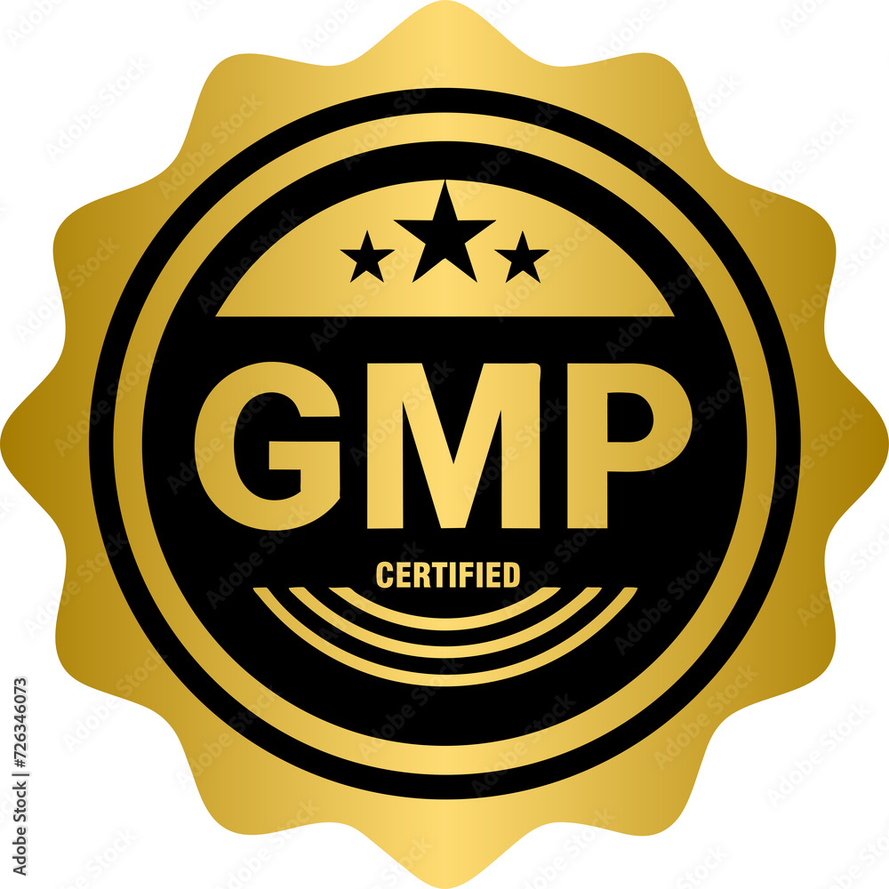 GMP Certified or Good Manufacturing Practice Certified gold badge stamp ...