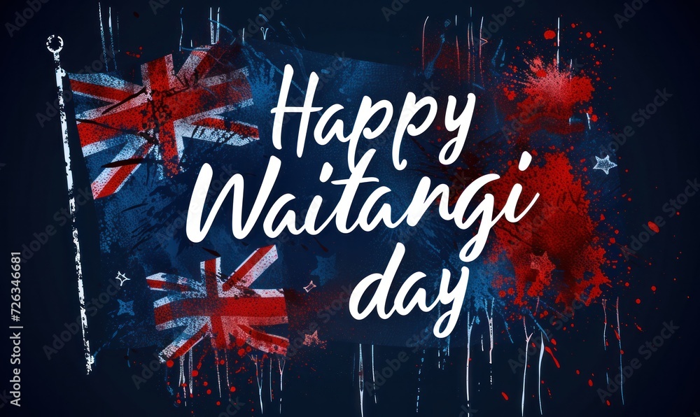 Happy Waitangi day - New Zealand holiday. Abstract painted grunge flag ...
