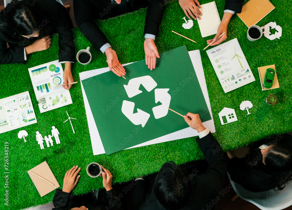 Top view panorama banner recycle icon on meeting table in office with ...