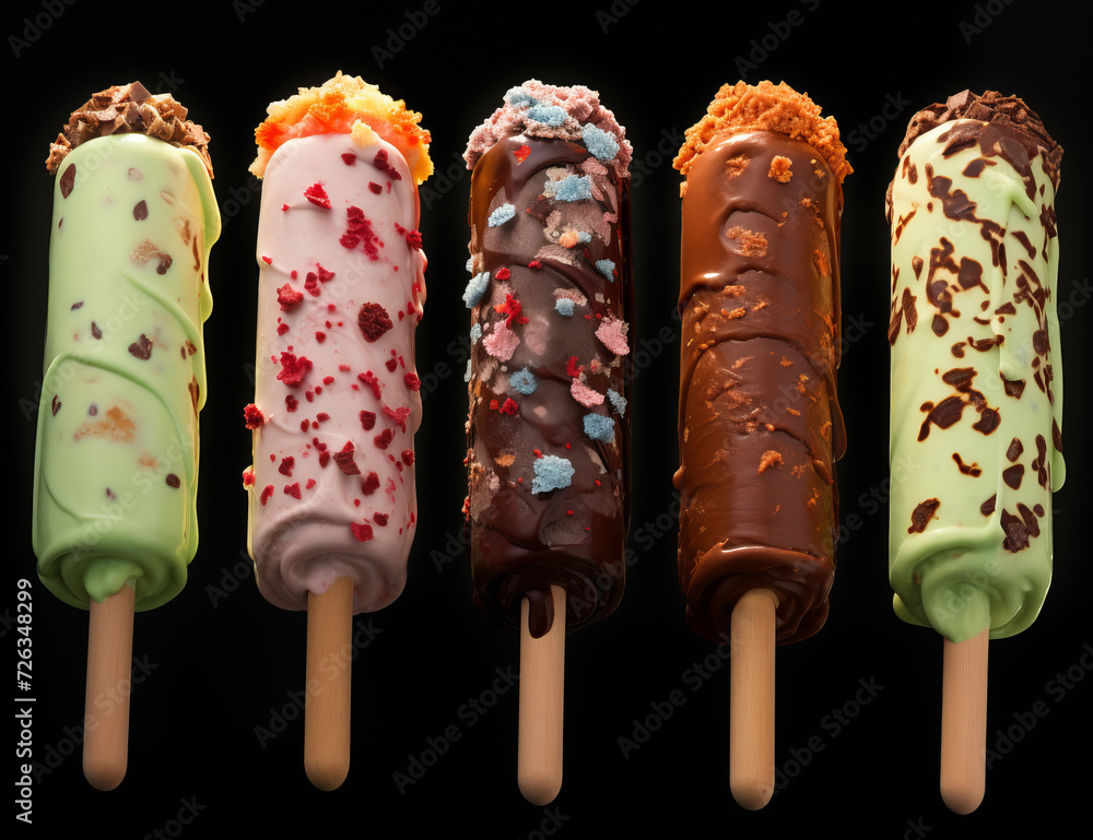 Assorted gourmet ice cream popsicles with toppings on black background Stock Photo | Adobe Stock