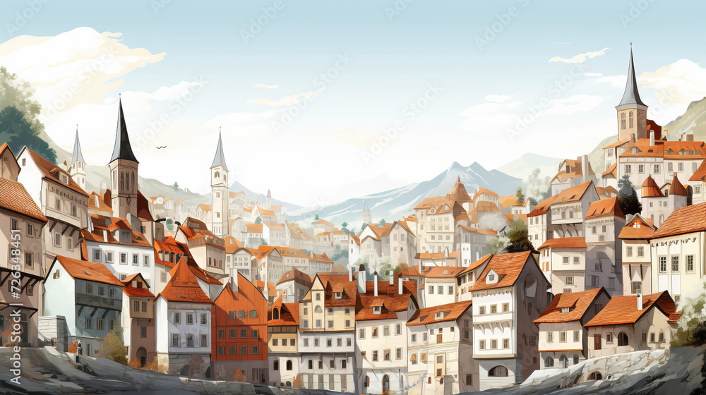 Idyllic european town scenery with mountains in the background Stock ...