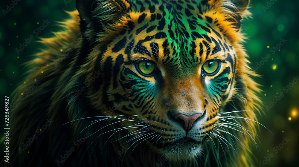 a close-up of a tiger's face with a green and yellow mane. The tiger's ...
