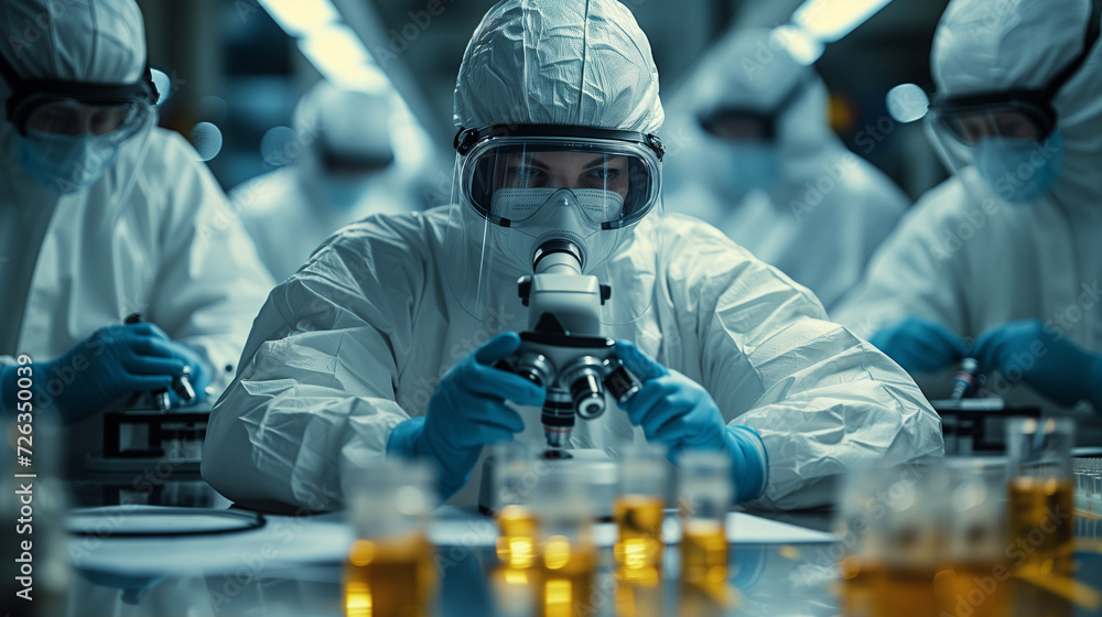Group of Scientists wear Face Mask and PPE suit working in Lab while ...