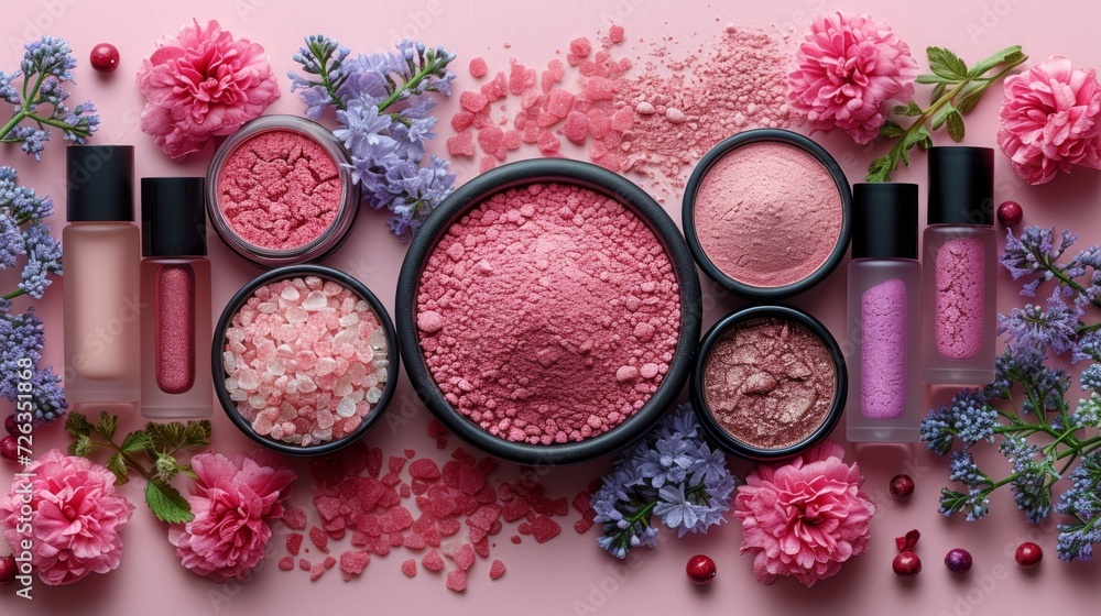 Beauty background featuring an array of facial cosmetic products ...