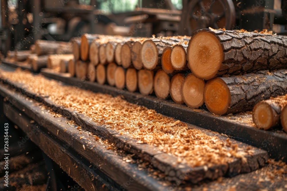 Logs and wood waste in a sawmill processing raw materials for various ...