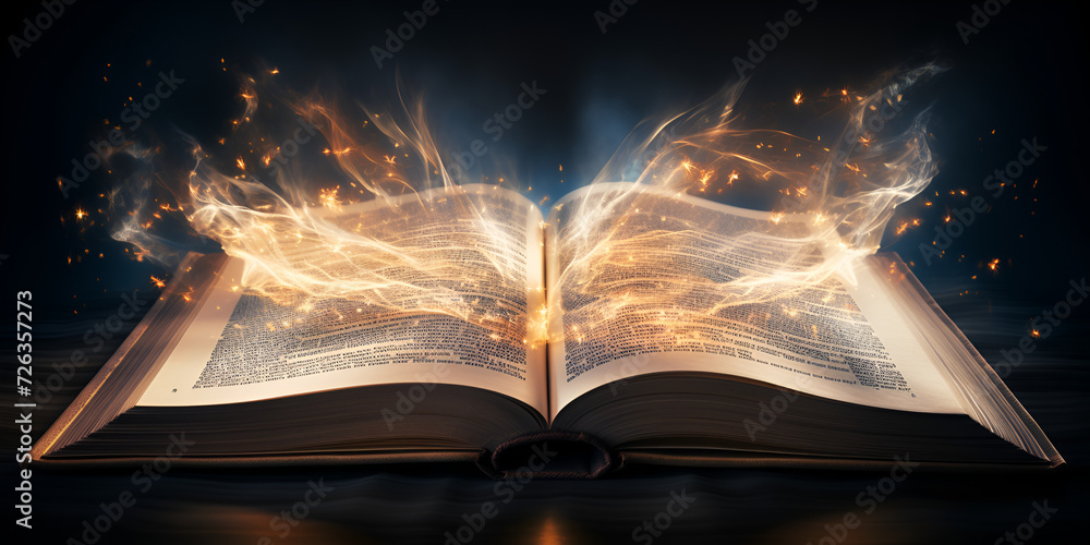 Open book Bible on wooden desk with mystic bright light fantasy light ...