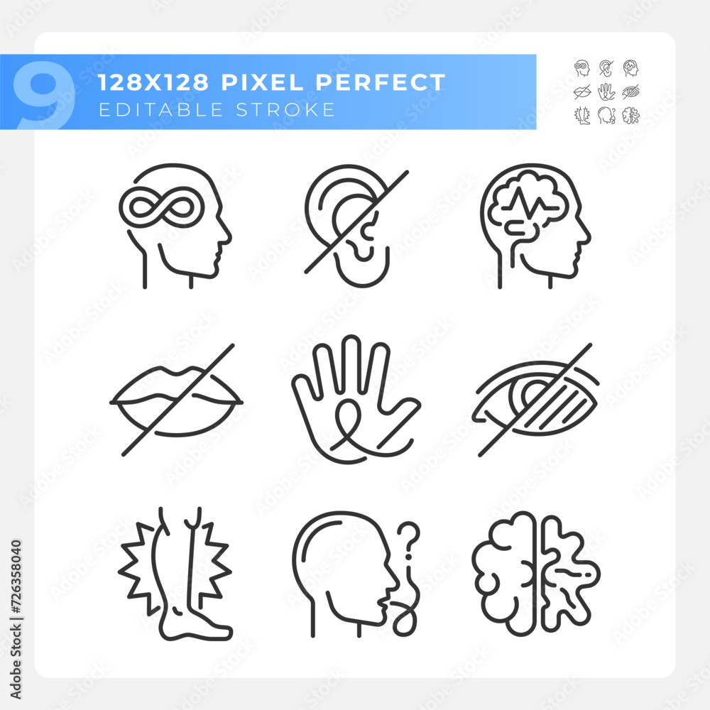 Vecteur Stock People with perception disorders linear icons set. Cognitive development, brain ...