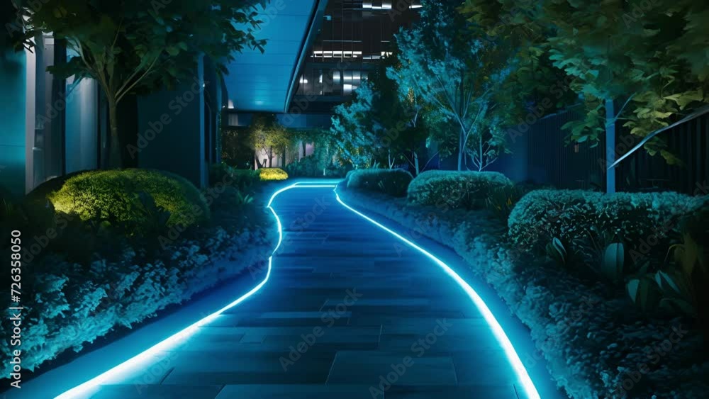 A neon blue pathway leading to a hidden corner of the rooftop garden ...