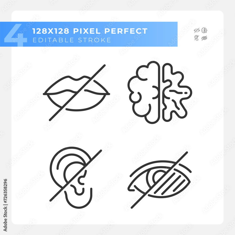 People with sensory impairment linear icons set. Deafness, blindness ...