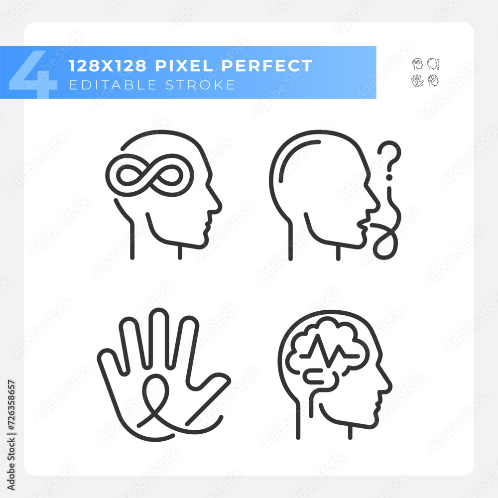 Neurology diseases linear icons set. Neurological illness. Intellectual ...