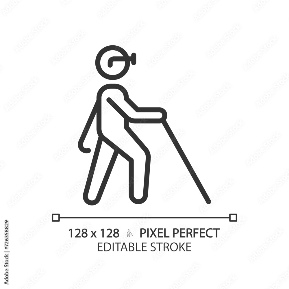 Blind with cane linear icon. Vision loss, walking stick. Disabled ...