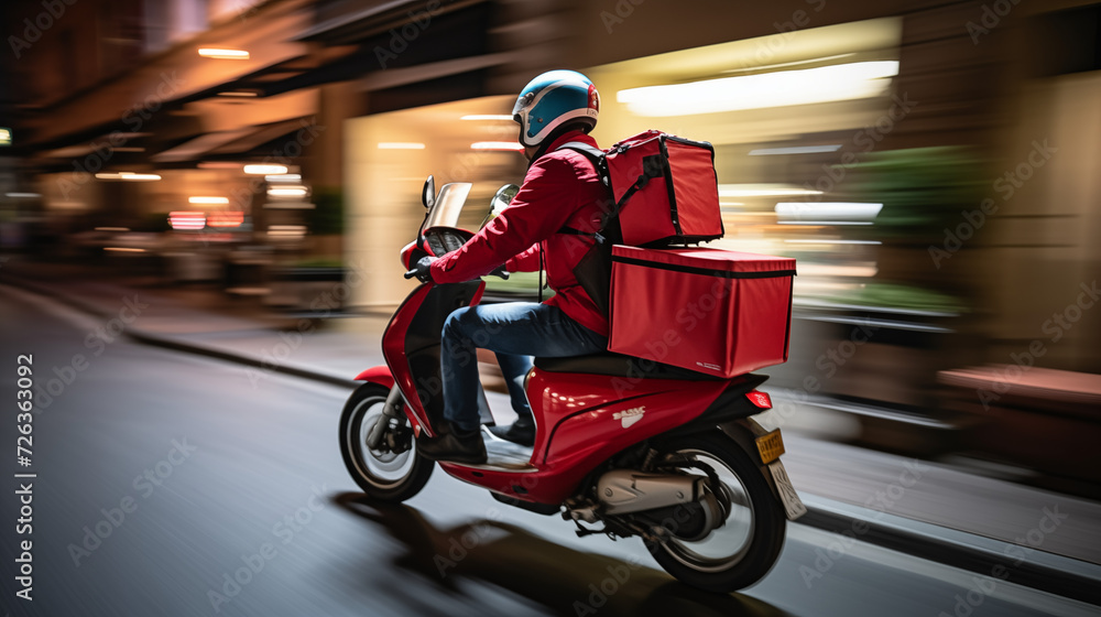 A food delivery rider speeds on a scooter, branded bag in hand ...