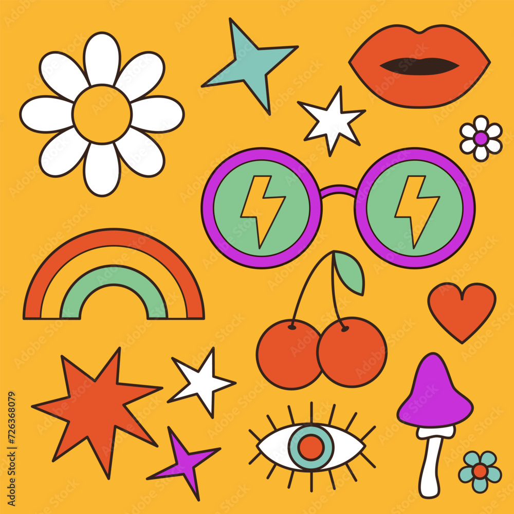 Groovy retro icon set in 60s, 70s hippie style. Funny cartoon daisy ...