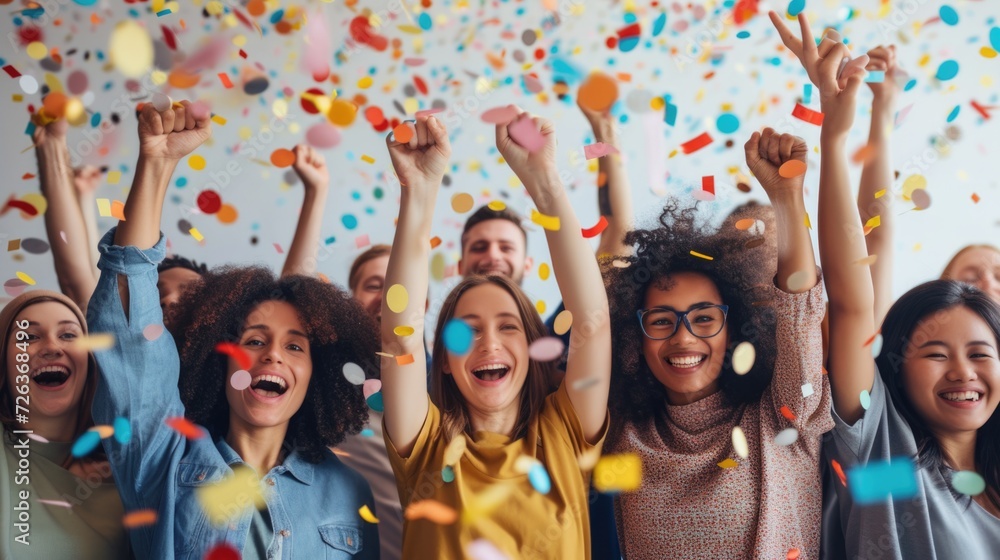 Business people celebration at the office with confetti in the air ...