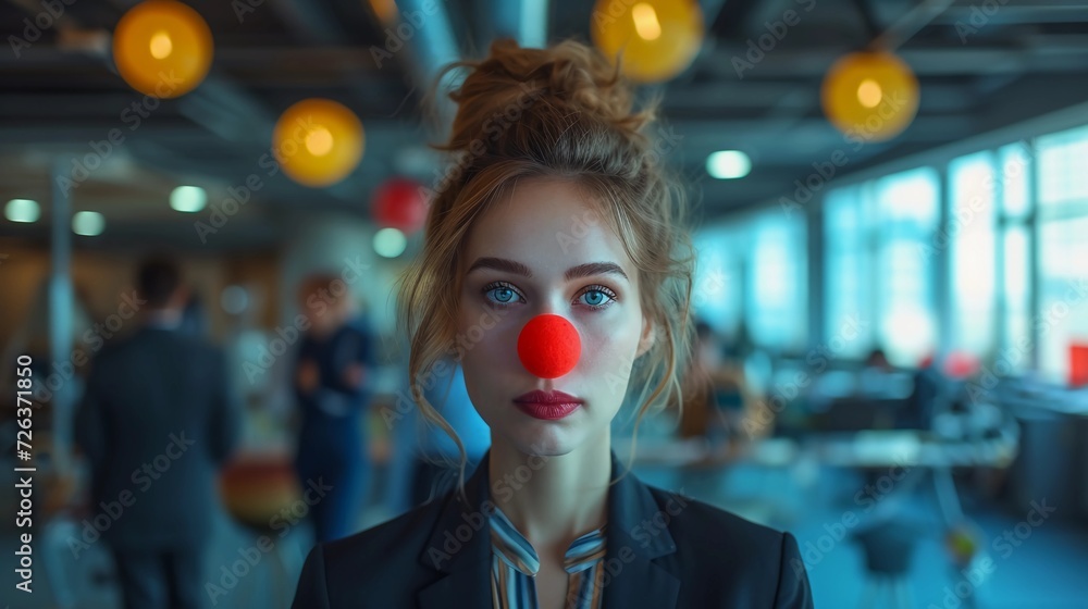 Sad Young Woman in Business Attire Sports a Red Clown Nose in Blurred ...