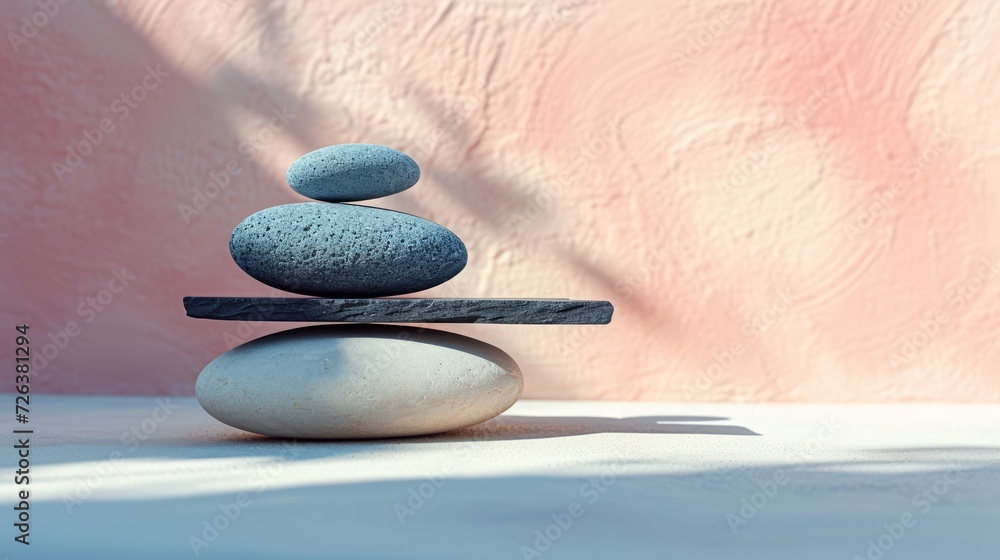 Pebbles balanced on a black plank placed on a round stone. Sea pebble ...