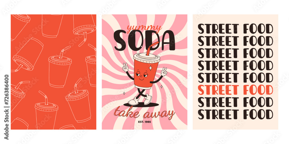 Set of fast food posters. Retro groovy cards with street food ...