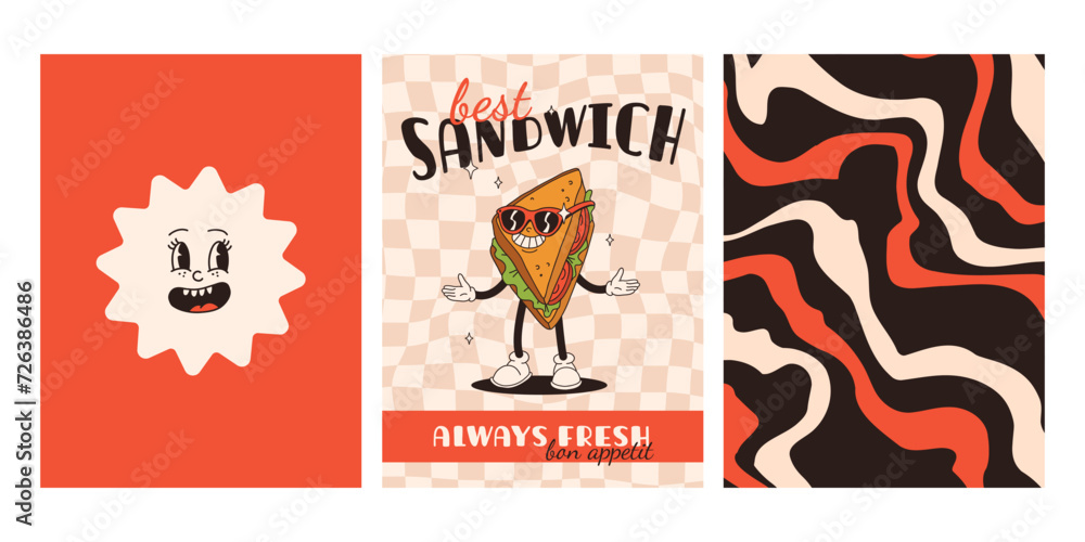 Set of fast food posters. Retro groovy cards with street food ...