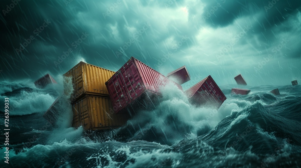 Sinking cargo containers at sea during a severe storm. Maritime ...