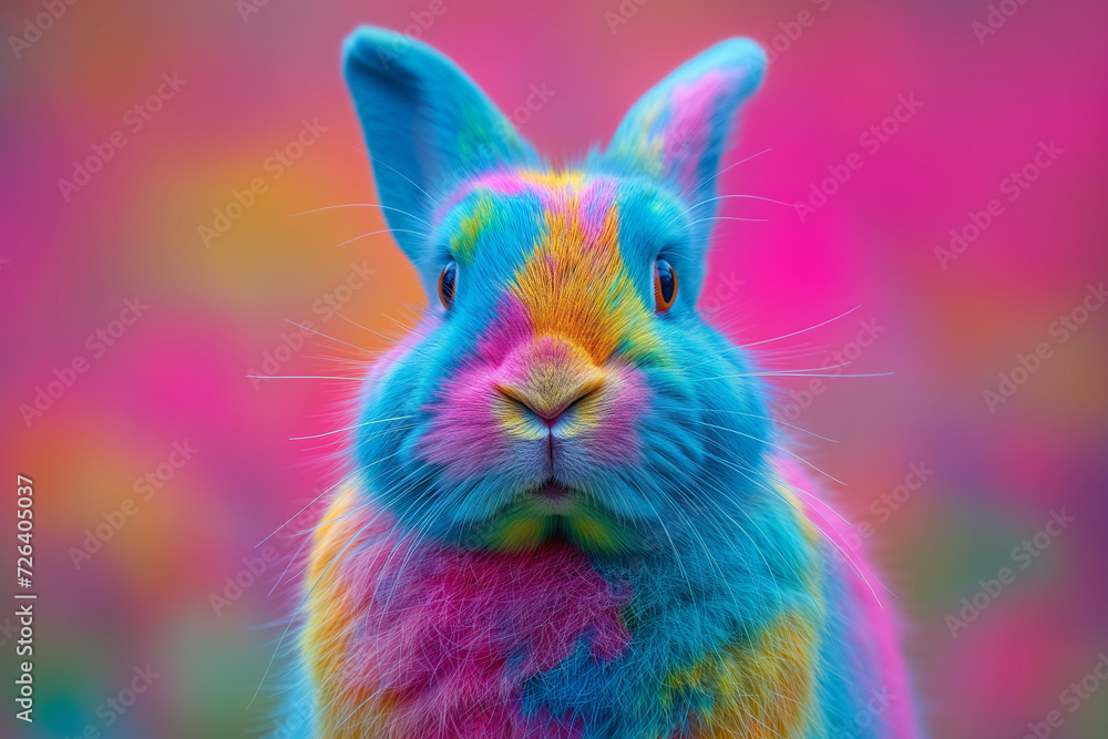Colorful Easter bunny, surprised soft-furred rabbit with a multicolored ...