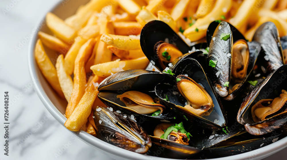 Moules frites, mussels are steamed with celery, leeks and butter and ...