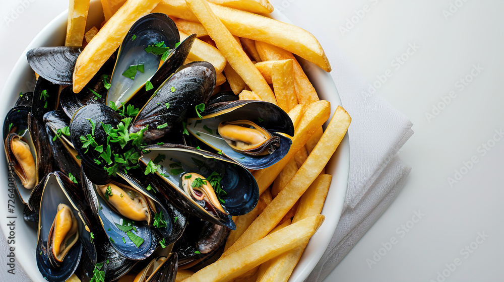 Moules frites, mussels are steamed with celery, leeks and butter and ...