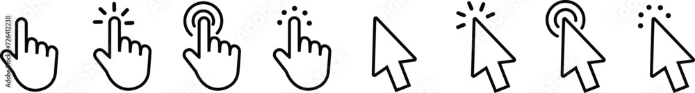 Computer mouse click cursor black line arrow and hand icons set. Mouse pointer modern, simple ...