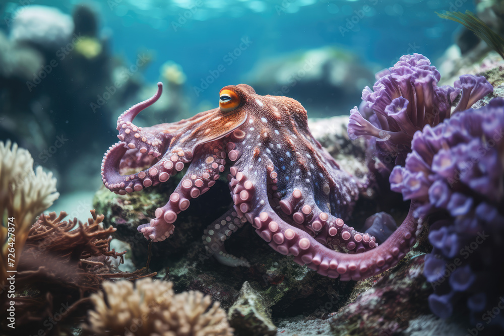 vibrant colored octopus in a tropical Cove grabbing a fish with its ...