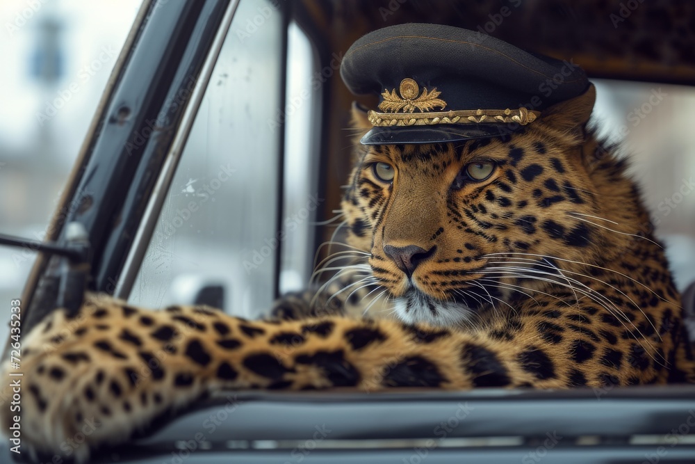 A majestic african leopard, adorned with a stylish hat, peers curiously ...