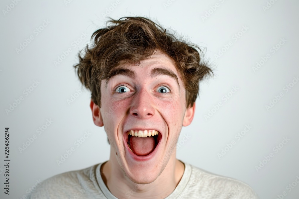 A man's face contorts in a wide smile, his teeth shining as his jaw ...