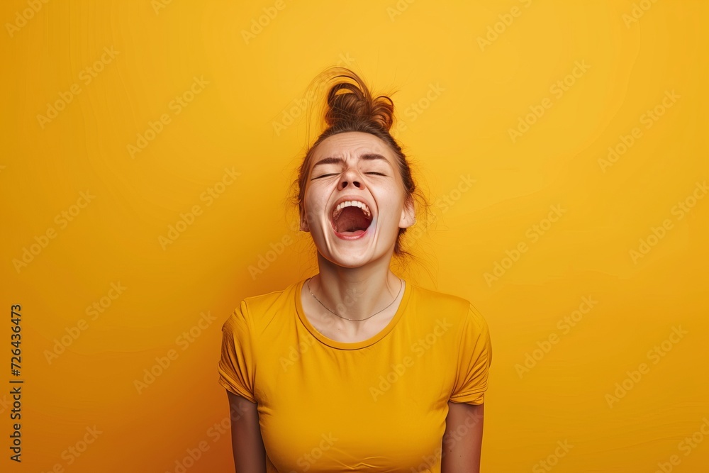 A girl wearing a yellow shirt screams in agony with her mouth open and ...