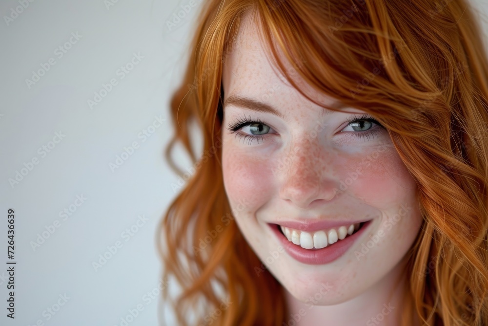 Foto de A joyful redhead woman with a contagious smile and a face ...