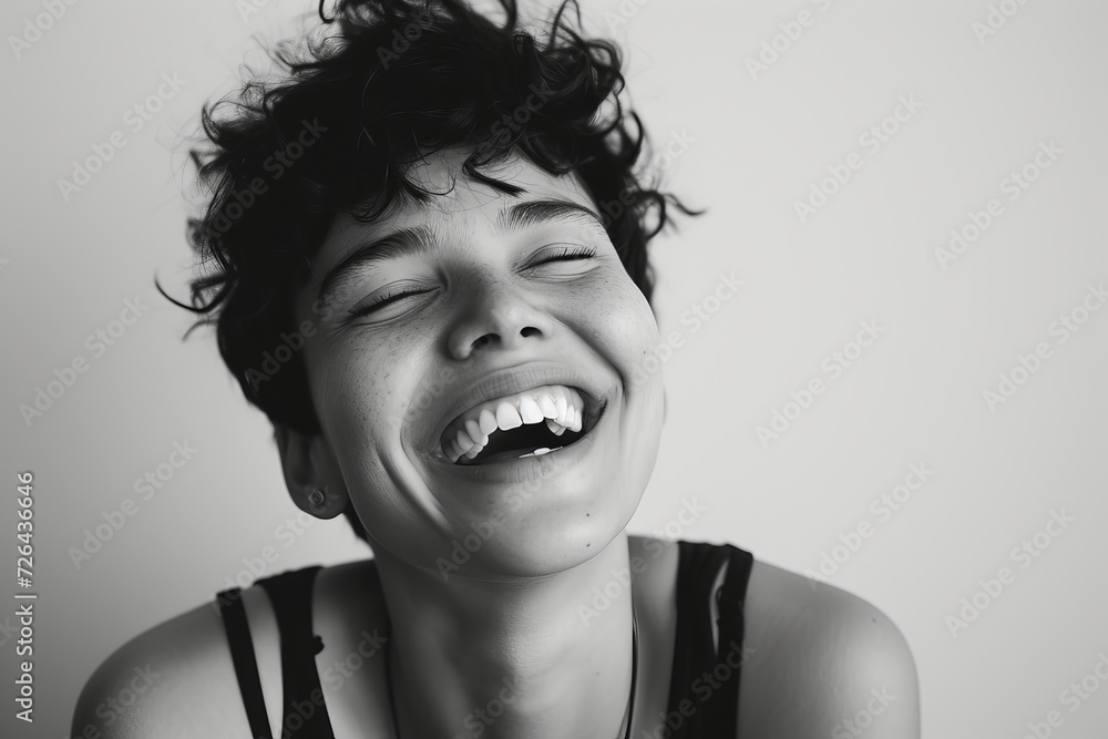 A joyful woman with a cropped haircut bursts into laughter, revealing ...