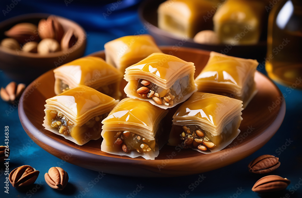 Pieces of baklava made of layers of filo dough filled with chopped nuts ...