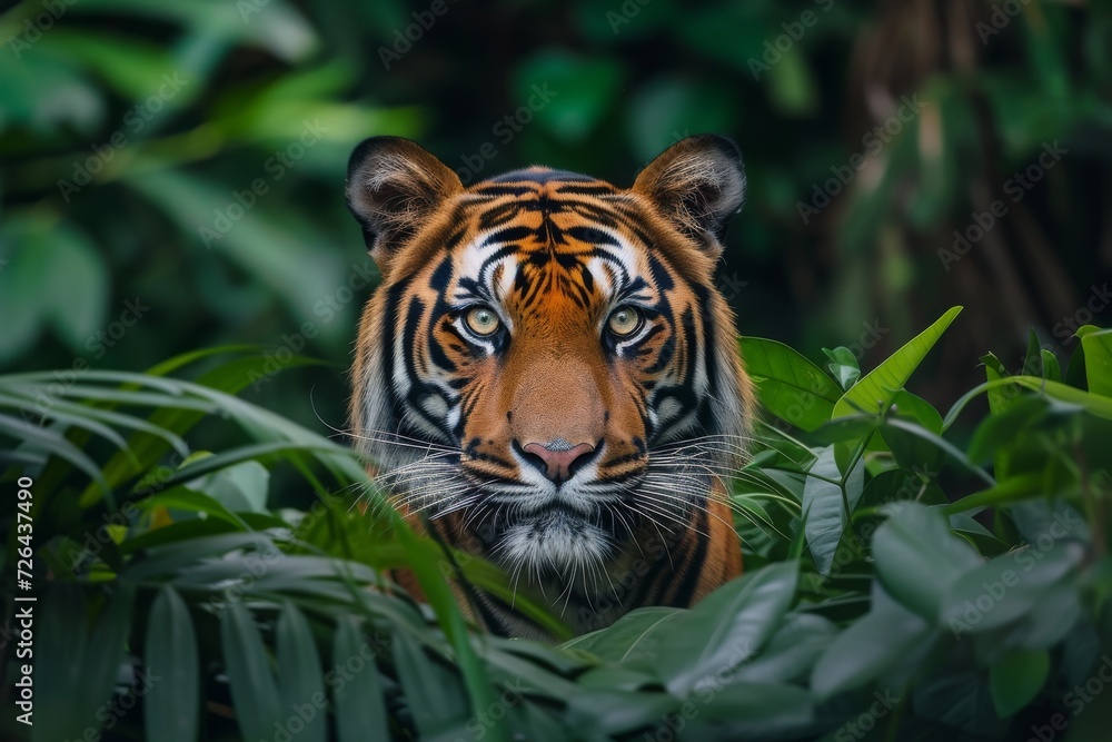 Amidst the lush greenery, a majestic bengal tiger prowls through the ...