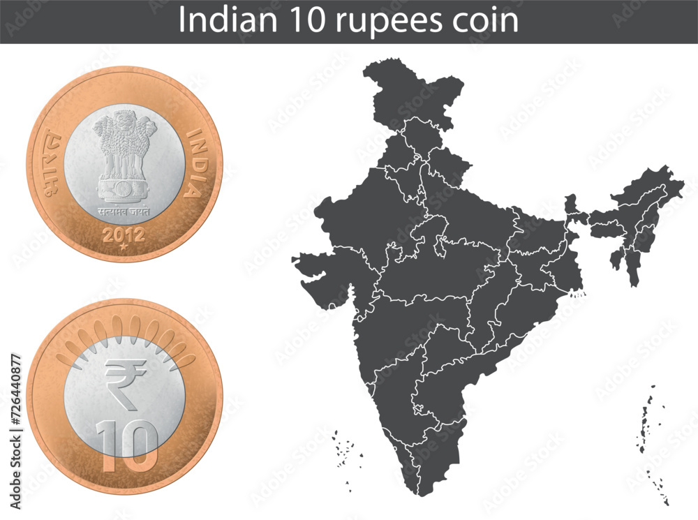 10 Rupee coin of India, back and front side with India map. Stock ...