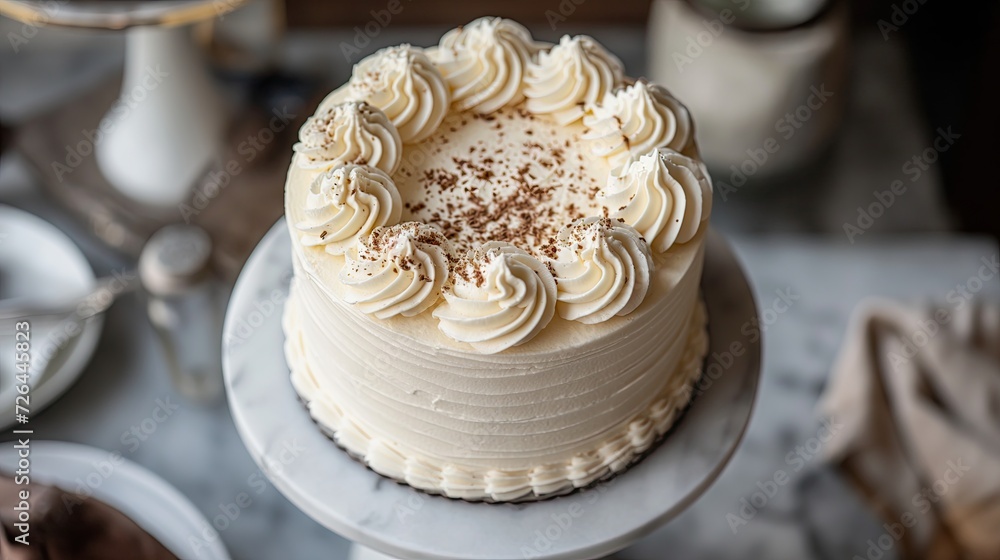 white whipped cream cake on a cake stand, top view, decorated with ...