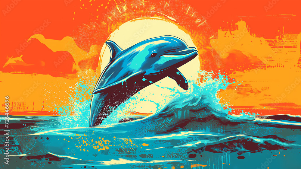 Sunset Serenade. Vibrant Dolphin Leap in Pop Art Style, High-Resolution ...
