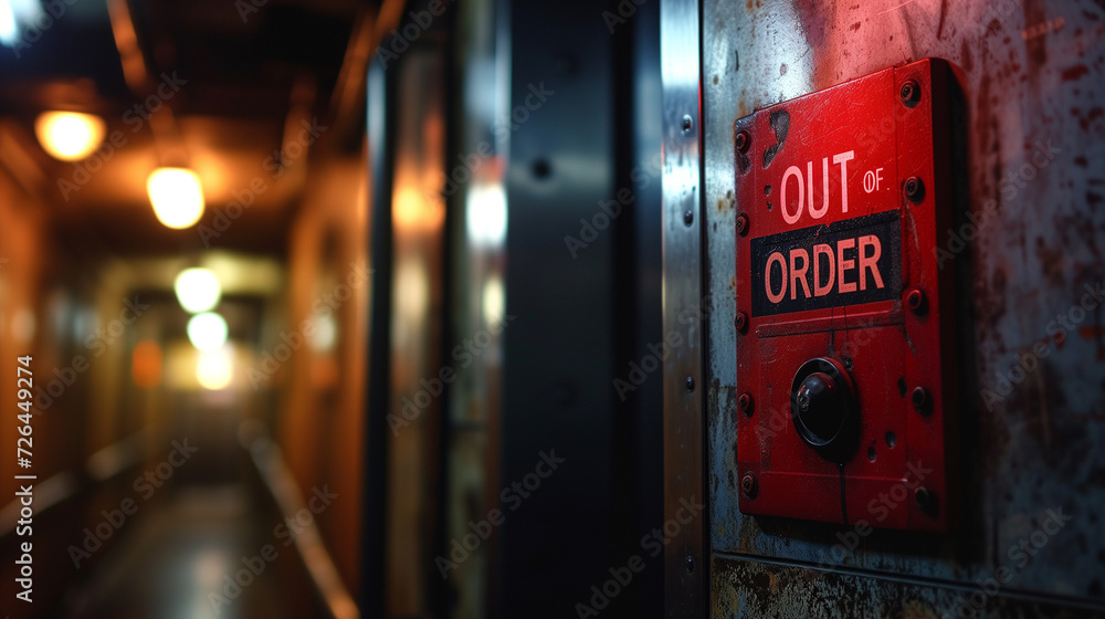 Old, eerie red out of order sign in a dim lit corridor. Stock Photo ...