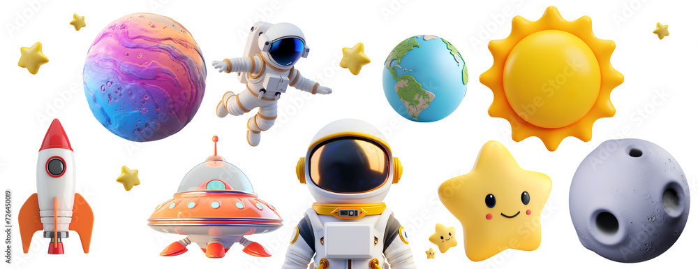 Collection of 3D Realistic Cartoon Space Elements: Rocket, UFO ...