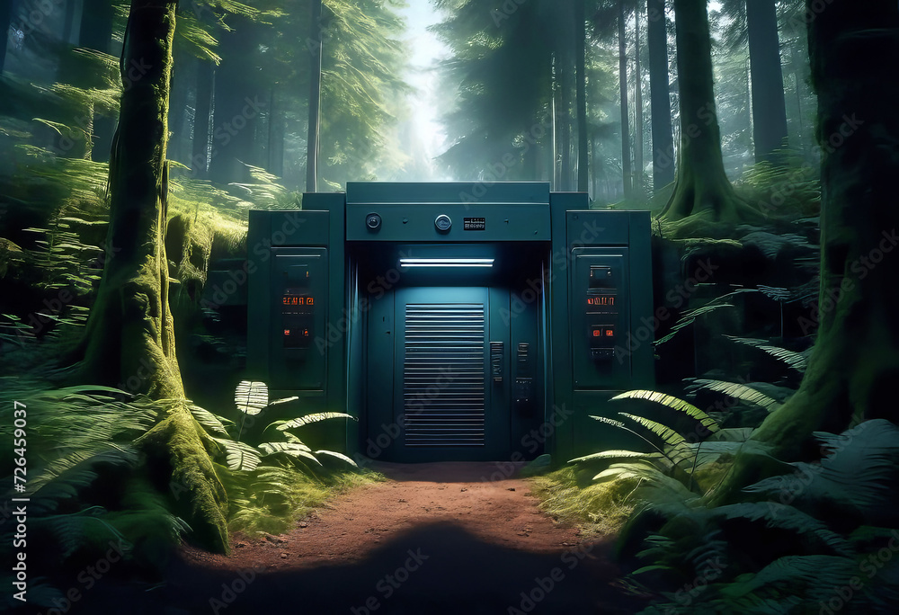 Entrance to a bunker with digital combination locks in the middle of a ...