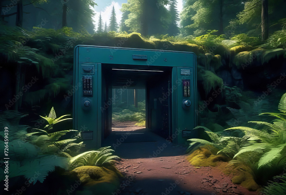 Entrance to a bunker with digital combination locks in the middle of a ...