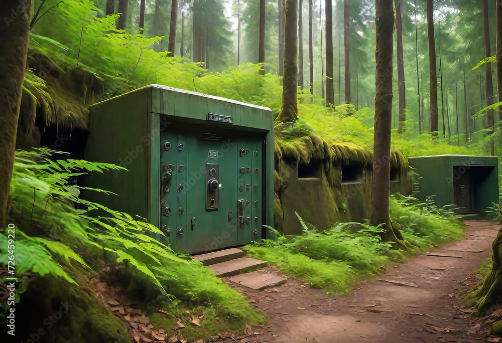 Entrance to a bunker with digital combination locks in the middle of a ...