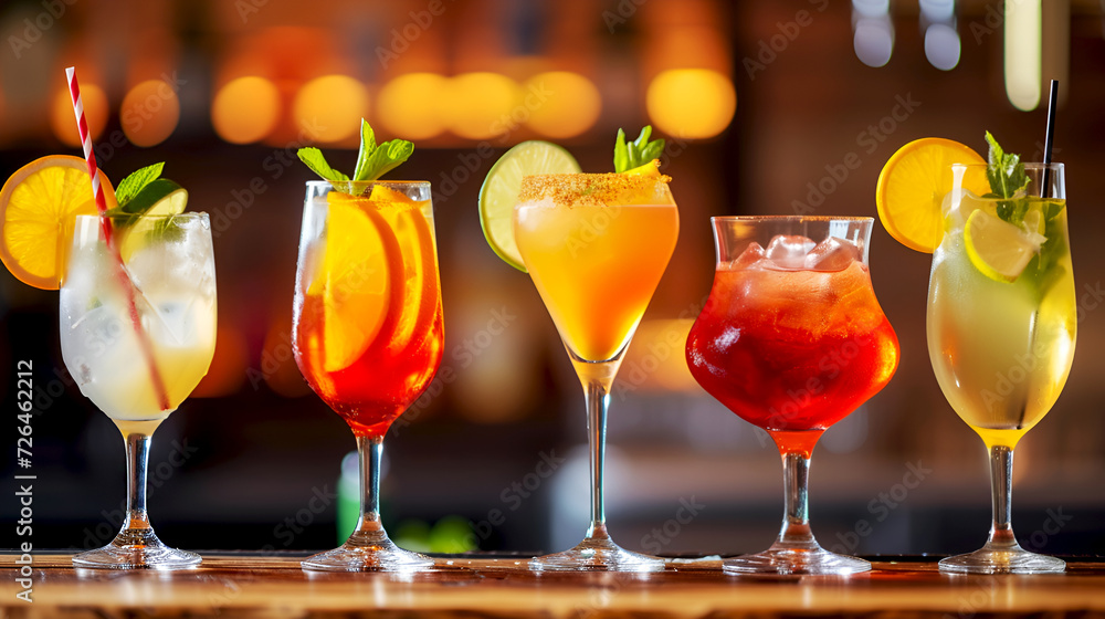 Banner with soft and alcohol drinks. Assorted refreshing cocktails on ...